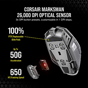 Corsair M65 RGB Ultra Wireless Tunable FPS Gaming Mouse - Sub-1ms Slipstream Wireless Technology, 26,000 DPI Optical Sensor, Up to 120 Hours of Battery Life, 8 Programmable Buttons - White
