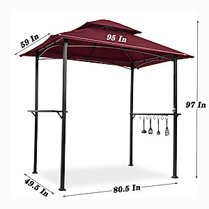 8 x 5 Outdoor Grill Gazebo, Double Tier Grill Canopy with Shelves and Hook, UV Resistant and Waterproof Fabric Grill Awning for Barbecue and Picnic, Burgundy