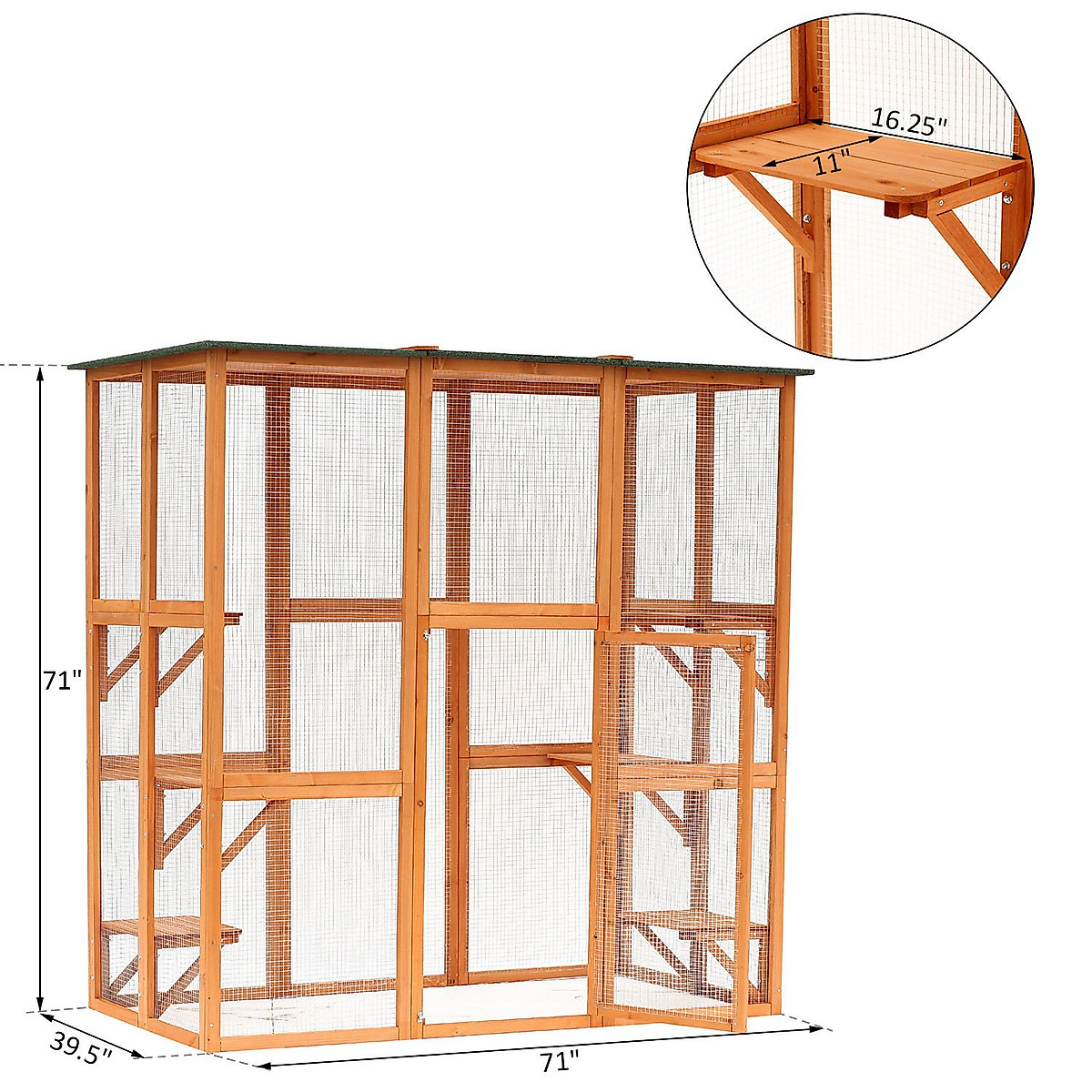 PawHut Outdoor Cat House Big Catio Wooden Feral Cat Shelter Enclosure with Large Spacious Interior, 6 High Ledges, Weather Protection Asphalt Roof, 71" L, Orange