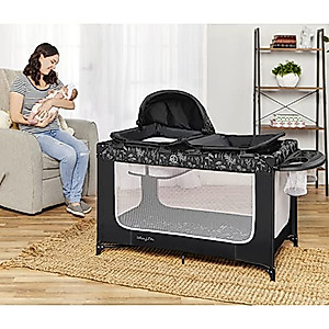 Dream On Me Emily Rose Deluxe Playard in Black and White with Infant Bassinet and Changing Tray, Lightweight Portable and Convertible Playard for Baby, Breathable Mesh Sides and Soft Fabric