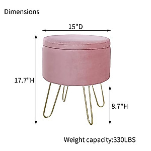 SOFT ASS Fashionable Velvet Round Storage Ottoman Footrest Stool with Vanity Chair and Tray Top Coffee Table/Gold Metal U-Legs (Deep Pink)