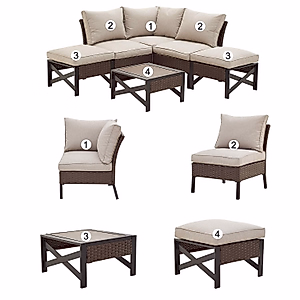 Festival Depot 6 Pieces Patio Outdoor Furniture Conversation Set Sectional Corner Sofa with All-Weather Brown PE Wicker Back Chair, Coffee Table, Ottoman and Thick Soft Removable Couch Cushions