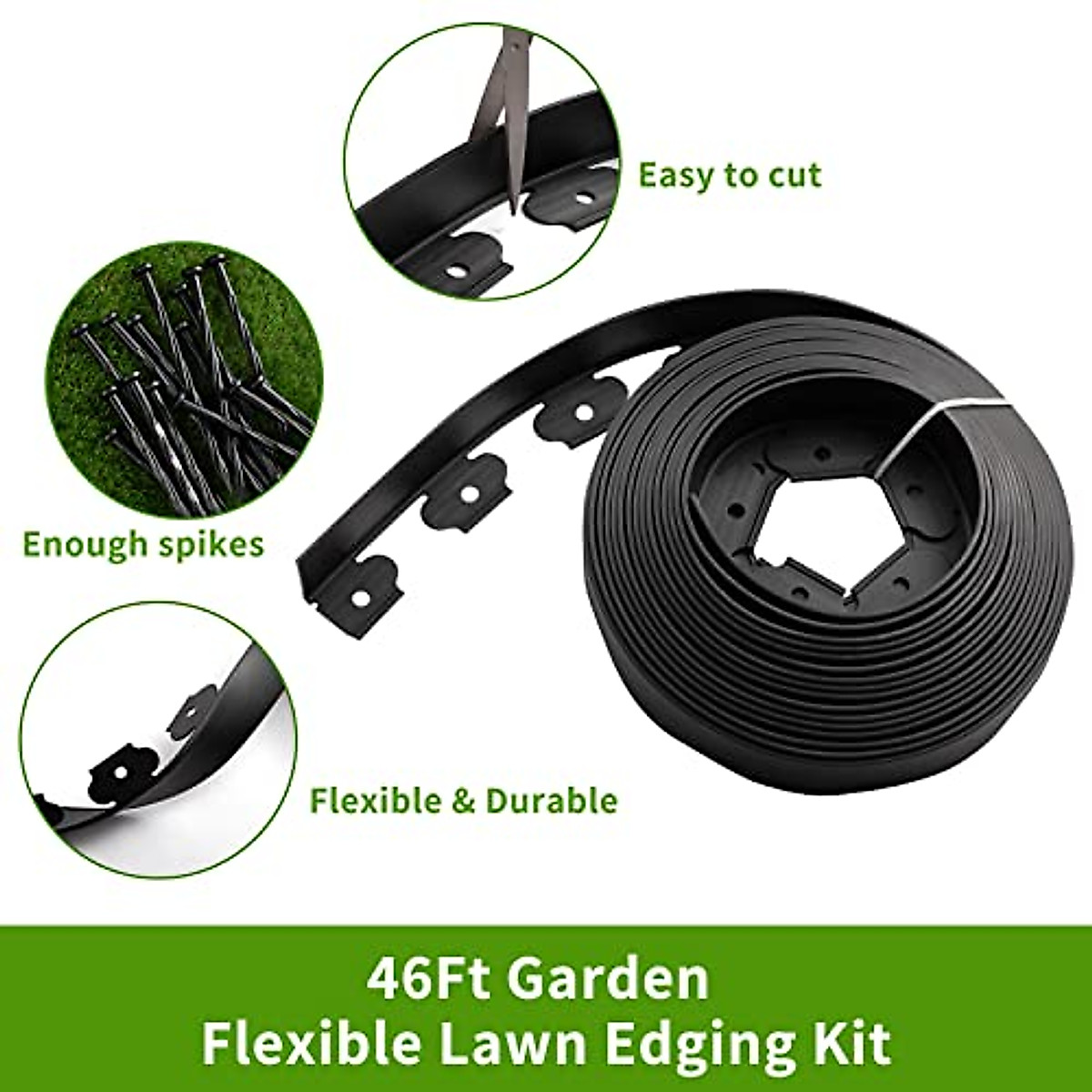 AGTEK 46FT Plastic Landscape Edging Kit 1.5in. Height No-Dig Garden Edging Border Lawn Edging Roll for Flower Bed Lawn Yard, Black with 42 Spikes