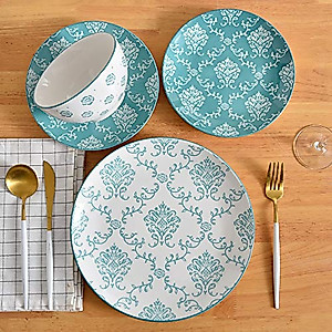 Original Heart 12-Pieces Dinnerware Sets Ceramic Dish Set, Plates and Bowls Sets, Dishes Set for 4, Nonstick Plate Set, Durable Stoneware Plates, Dishes, Soup and Cereal Bowls, Turquoise, for kitchen