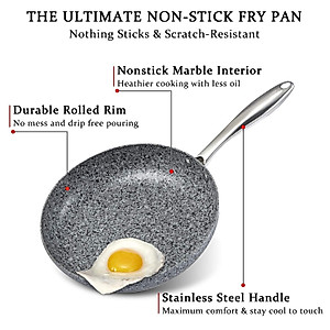 MICHELANGELO 8 Inch + 10 Inch + 12 Inch Frying Pan with Lid, Stone Skillets, Nonstick Stone Frying Pan with Stone-Derived Coating, Granite Frying Pan, Nonstick Frying Pans Set