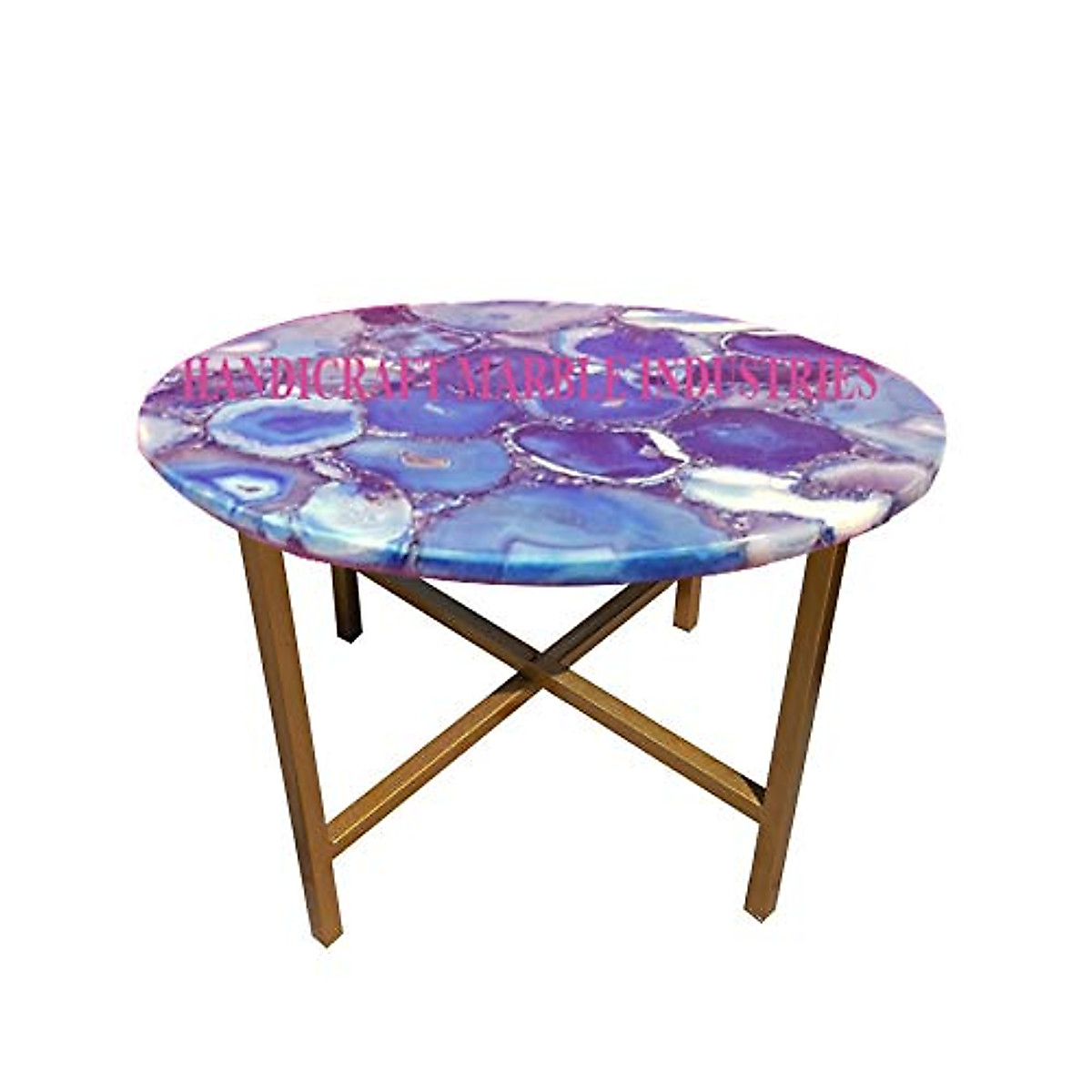 24" Inch Round Blue Agate Coffee Table with Metal Base, Blue Agate Stone Table, Blue Agate Stone Centre Table, Agate Round Corner Side Table Home Decor, Piece Of Conversation, Family HeirLoom