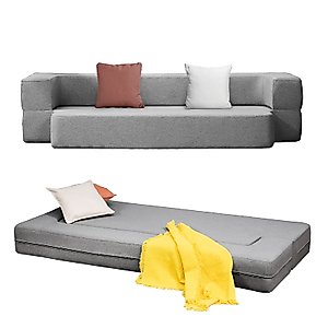 Mjkone 8.6 Inches Floor Sofa Bed Queen Size, Convertible Folding Sofa Bed, Sleeper Couch Bed with Memory Foam Mattress, Guest Bed for Living Room/Bedroom/Guest Room/Home Office (Light Grey)
