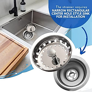 (2-Pack) Kitchen Sink Strainer with Stopper - Replacement Stainless Steel Strainer with Rubber Stopper Bottom - Fits Standard 3 1/2” Drains with Rectangular Center Hole - Post-Style Strainer Baskets