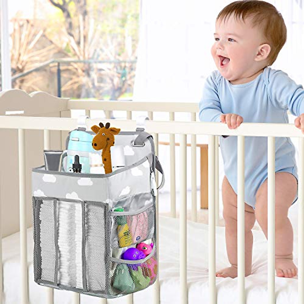 Diaper Caddy Hanging Diaper Caddy Organizer, Hanging Nursery Nappy Organiser Diaper Holder Caddy Stacker for Baby Girl Boy Crib Changing Table Playard Wall Baby Shower Gifts Bedside Storage Bag -Grey