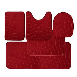 Elvoki Luxury Bathroom Rugs Set 5 Piece - Memory Foam Bath Mat Set, Toilet Rug Set. Strong Absorbent, Non-Slip, Ultra Soft, Easy to Clean, Burgundy