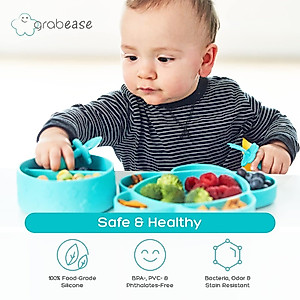 grabease Silicone Suction Plate for Baby & Toddler Self-Feeding, 6-Section Dish With Stay-Put Grip, BPA and Phthalates-Free, Dishwasher and Microwave Safe, Bright Teal