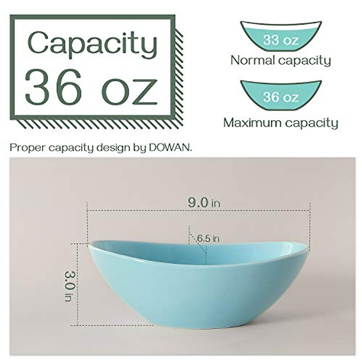 DOWAN 9" Porcelain Serving Bowls, Large Serving Dishes, 36 Ounce for Salads, Side Dishes, Pasta, Oval Shape, Microwave & Dishwasher Safe, Good Size for Dinner Parties, Set of 4, Turquoise