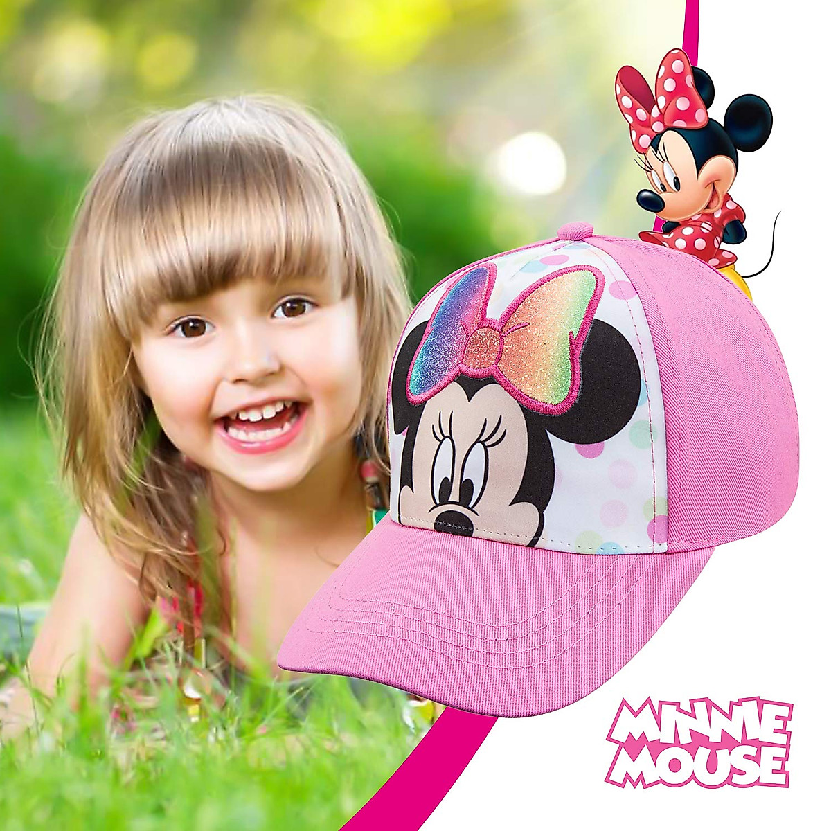 Disney Minnie Mouse Toddler Girls Pink Baseball Cap - Many Styles - Ages 2-4 Years - Adjustable Velcro Closure (Pink/White)