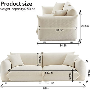 Hison Lambswool 3 Seat Cushion Couch 87'' Comfy Couch for Living Room Deep Seat Sofa with 2 Pillows (White)