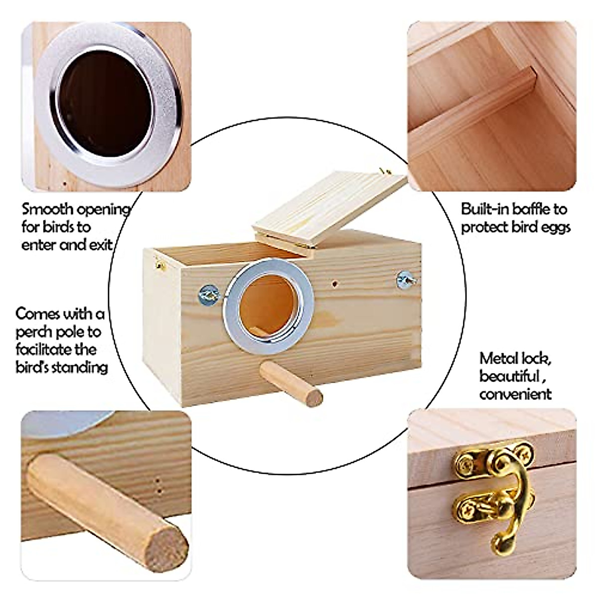 kathson Parrot Nest Breeding Box, Wood Bird Nest for Cage, Parakeet Nesting Box with Perches Pet House Natural Coconut Fiber Bird Toys for Parakeet Cockatoo Budgie Cockatiel Lovebirds (Large)