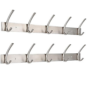 BIRDROCK HOME Premium 5-Hook Stainless Steel Coat and Hat Rack for Wall - Set of 2 - Front Door Organizer - Mounted Hanger for Jackets, Clothes, Hats, Towel - Silver Dual Hooks - Brushed Nickel Finish