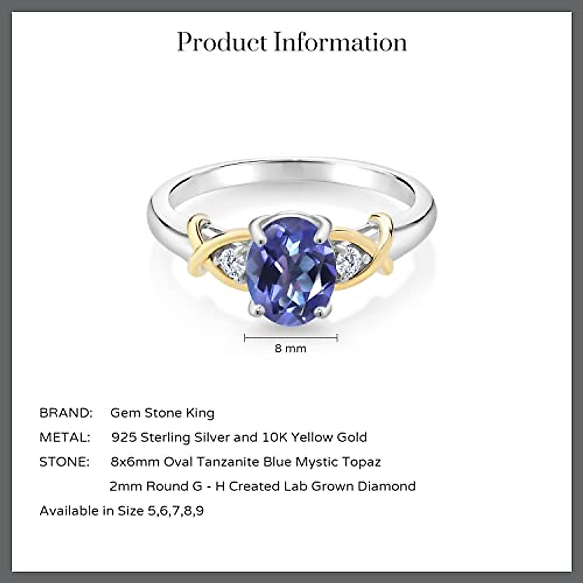 Gem Stone King 2 Tone 10K Yellow Gold and 925 Sterling Silver Blue Mystic Topaz and Lab Grown Diamond Women Ring (1.58 Cttw) (Size 7)