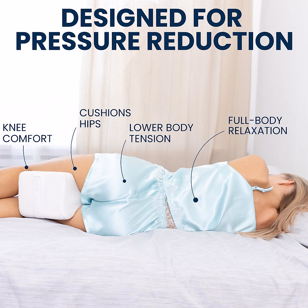 Everlasting Comfort Knee Pillow for Side Sleepers - Contour Knee Wedge Pillow for Between Legs Aligns Spine & Relieves Pressure - Leg Pillow for Sleeping w/ Strap for Back Pain, Hip Pain, Knee Pain