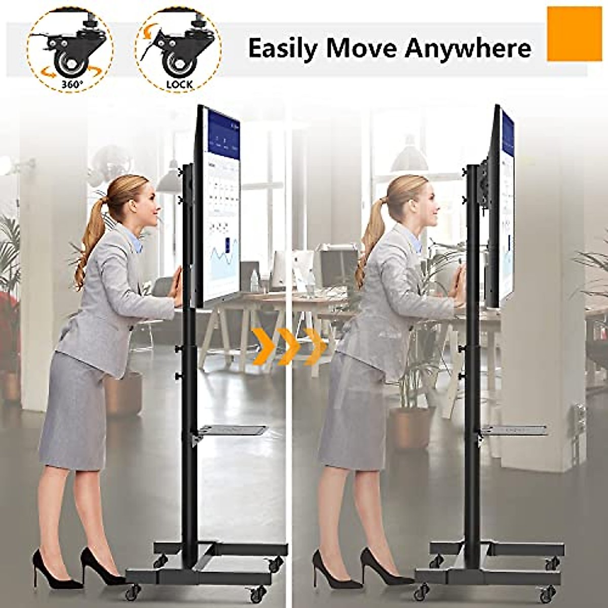 5Rcom Upgraded Rolling TV Stand, Sturdy TV Stand Mount with Locking Wheels for 32-75" Flat/Curved Panel Screens TVs, Height & Tilt Adjustable TV Floor Stand, Holds up to 100lbs