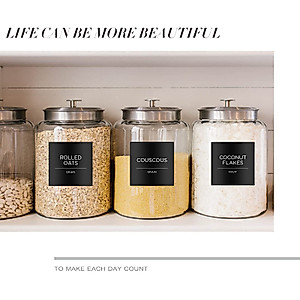 v2croft 168 Pantry Labels for Food Containers, Minimalist Black Matte Stickers White Fine Line Text,Preprinted Waterproof Label for Glass Jars, Bottles & Canisters,Pantry Organization Storage