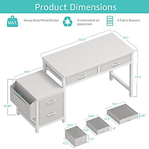 Lufeiya White Computer Desk with Fabric File Drawers Cabinet, 57 Inch Home Office Desks with Reversible Filing Cabinet Printer Stand for Small Space, Study Writing Table PC Vanity Desks, White