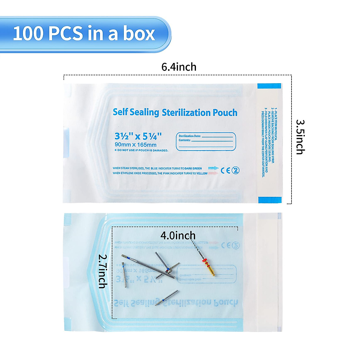 Annhua 3.5 X 6.5 Self Sterilization Pouches for Dental Offices, 100 Pcs Self Seal Sterilizer Bags Pouch - Blue
