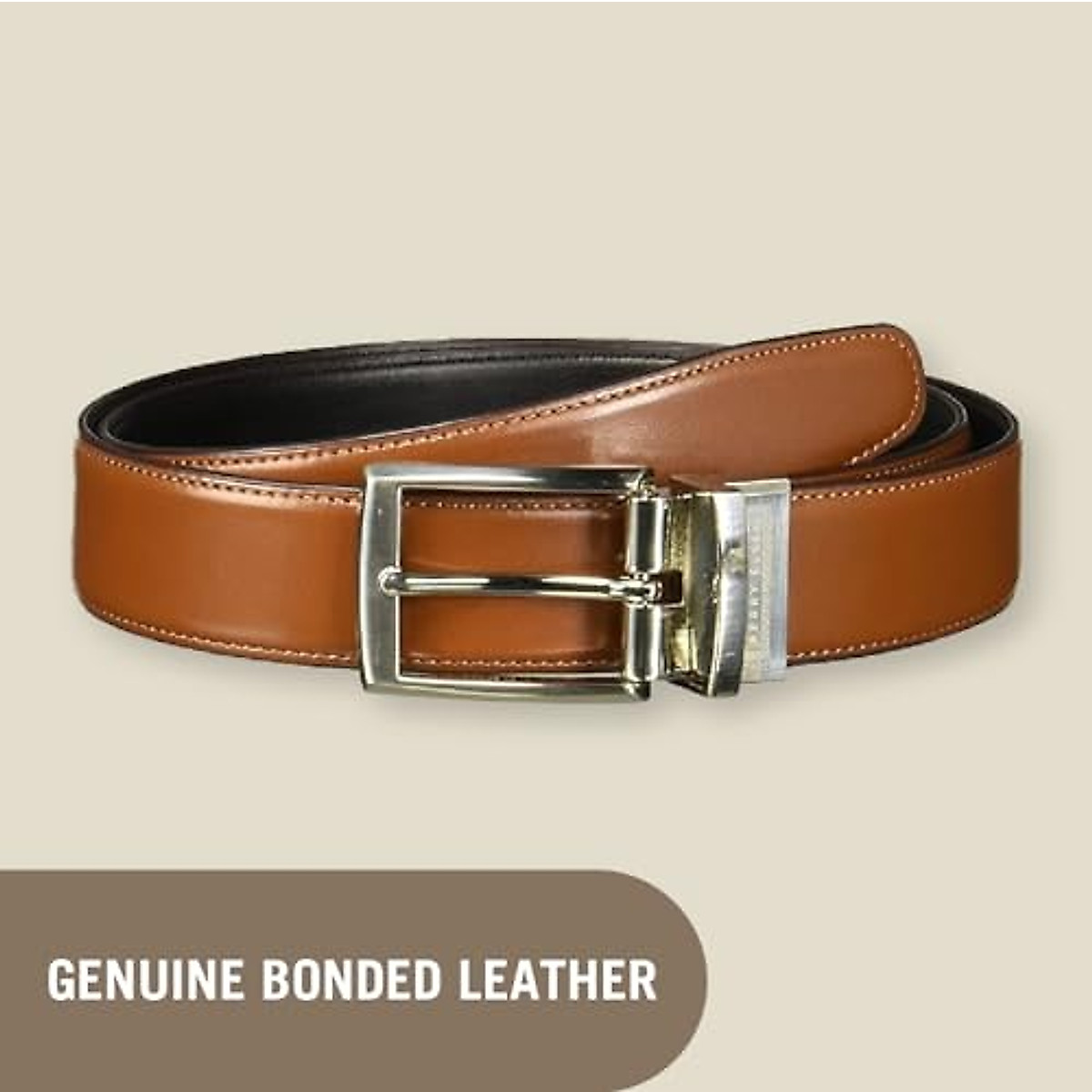 Perry Ellis Men's Portfolio Amigo Reversible Leather Belt, Stitched Edges, Durable, 1.5” Width (Available in Big & Tall), Luggage Brown, 42