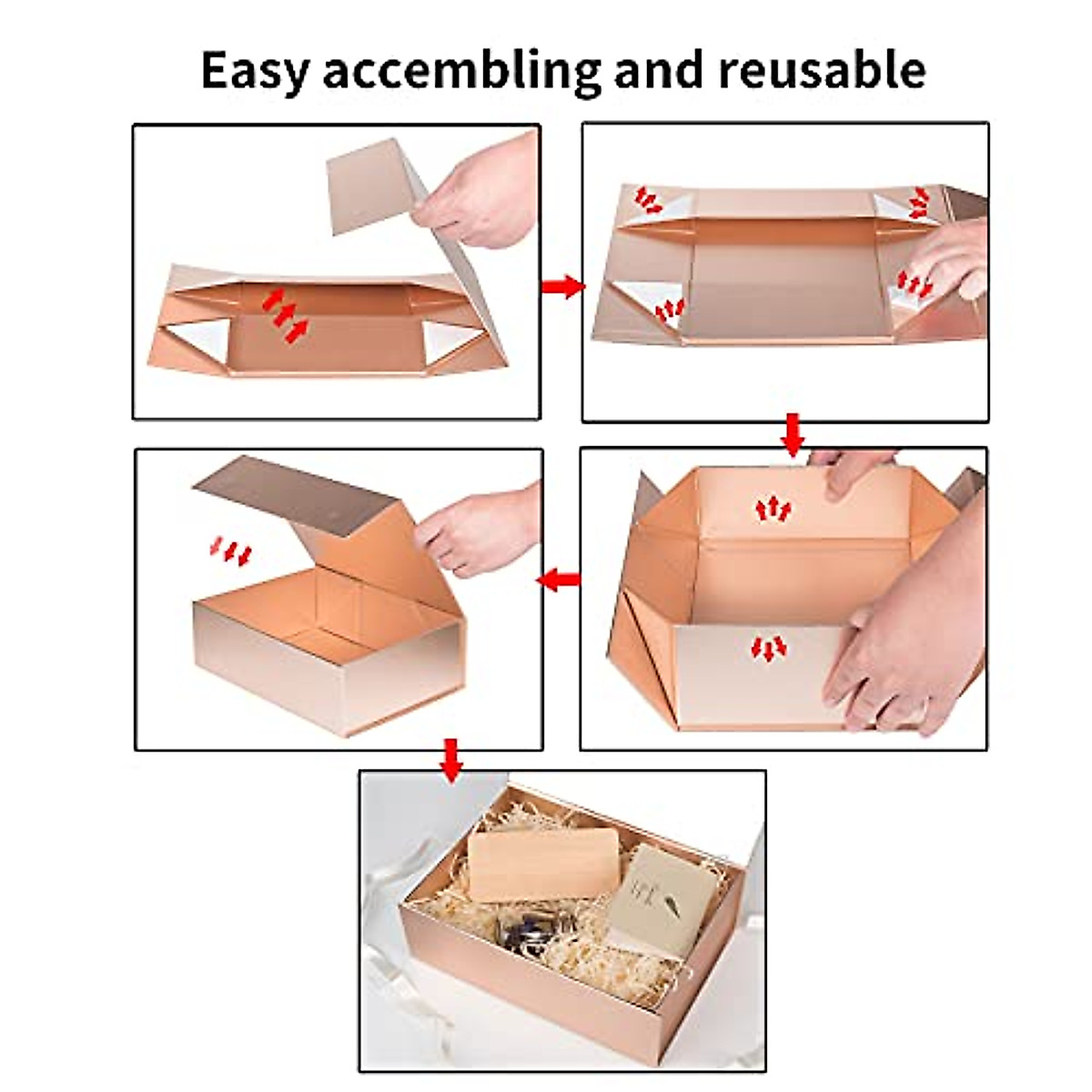 LIFELUM Gift Boxes 2 Pack 11 x 8 x 3.5 Rose Gold Gift Boxes with Magnetic Lid Wedding Gift Boxes for Presents Valentine's Contains Card, Ribbon, Shredded Paper Filler