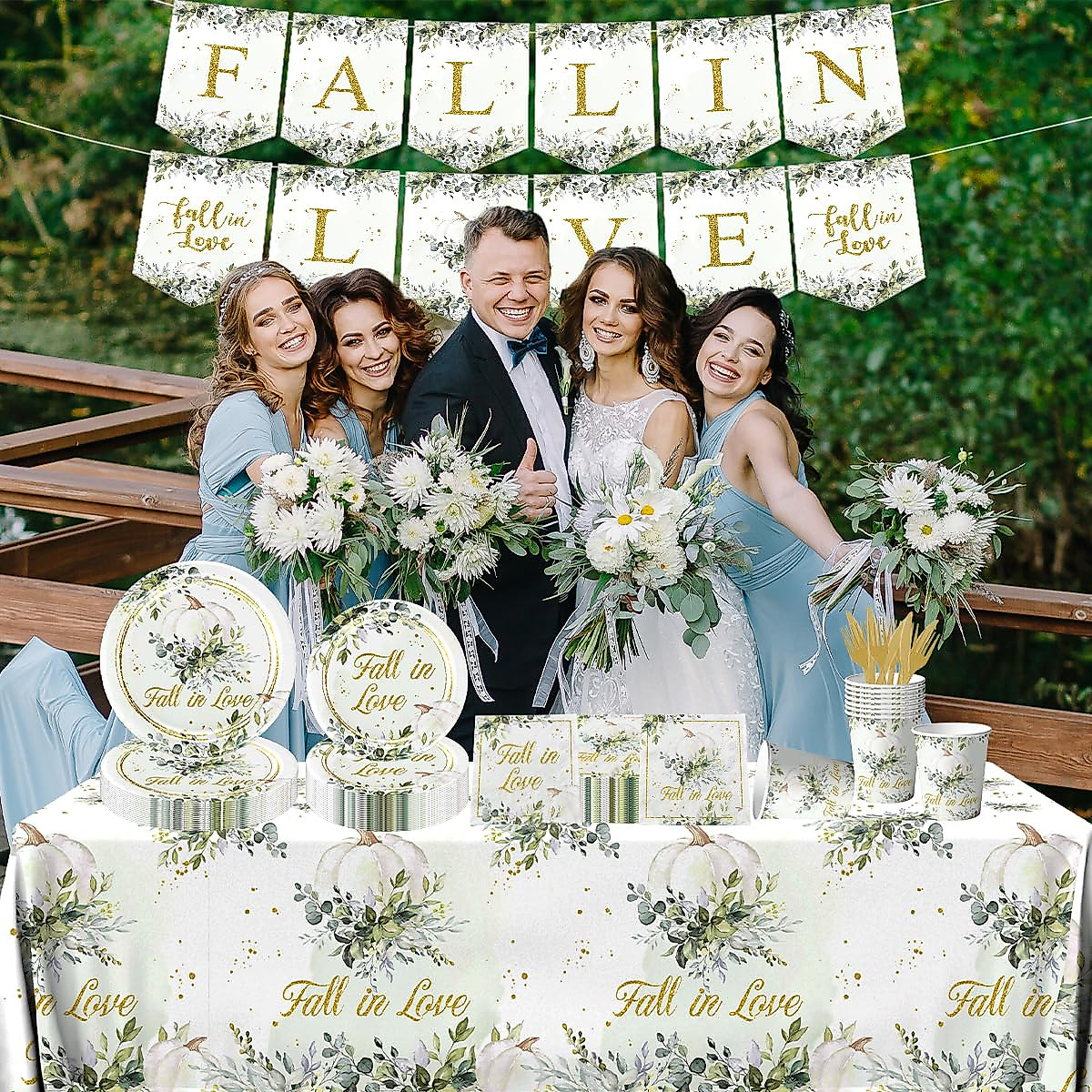 Fall in Love Bridal Shower Decorations Fall Bridal Shower Tableware-142pcs White Pumpkin Greenery Fall in Love Plates Napkins Tablecloth for Wedding Engagement Supplies