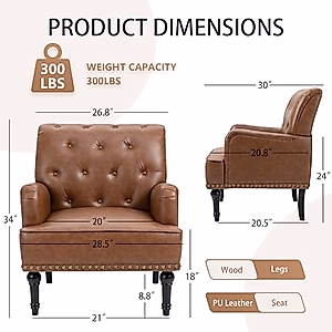 MOJAY Mid-Century PU Leather Accent Chair, Living Room Lounge Sofa Chair with Black Painted Rubber Wood Feet, Single Club Armchair with Rivet Trim for Bedroom Home Reception (Brown)