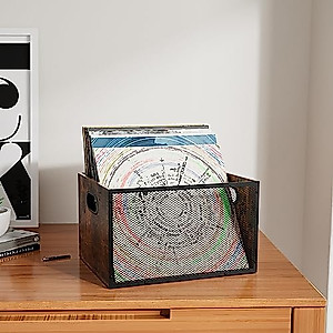 Dunatou Album Storage Box - Rustic Brown Wooden Record Crate Organizer with Handle