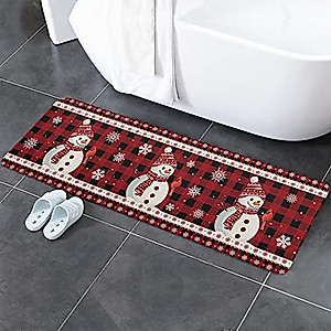 Kitchen Mat Rug 1 PCS Christmas Tres Snowman Snowflake Black and Red Plaid Buffalo Runner Rug Anti-Fatigue Comfort Memory Foam Standing Mat Non-Slip Floor Door Mat for Bathroom Bedroom 18x47in