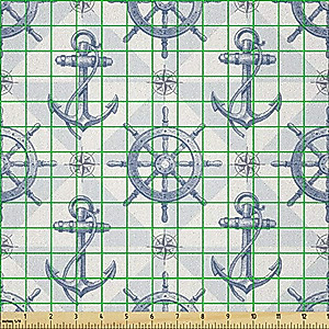 Lunarable Nautical Fabric by The Yard, Hand Drawn Compass Anchor with Ship Steering Wheel Nautical Marine, Microfiber Fabric for Arts and Crafts Textiles & Decor, 1 Yard, Grey Blue