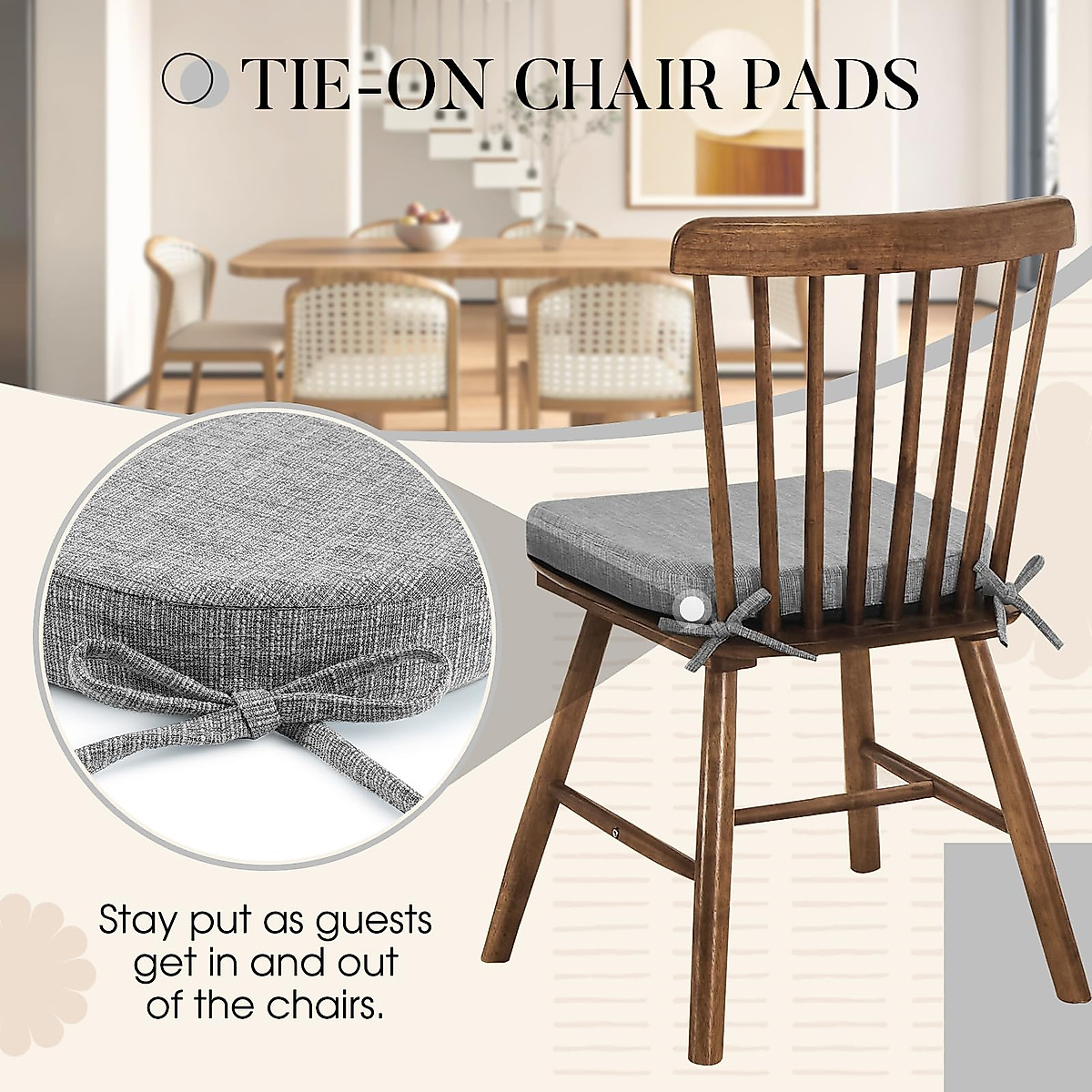 Basic Beyond Chair Cushions for Dining Chairs 4 Pack, Memory Foam Chair Cushion with Ties and Non Slip Backing, 16 x 16 inches Chair Pads for Dining Chairs(Light Grey)