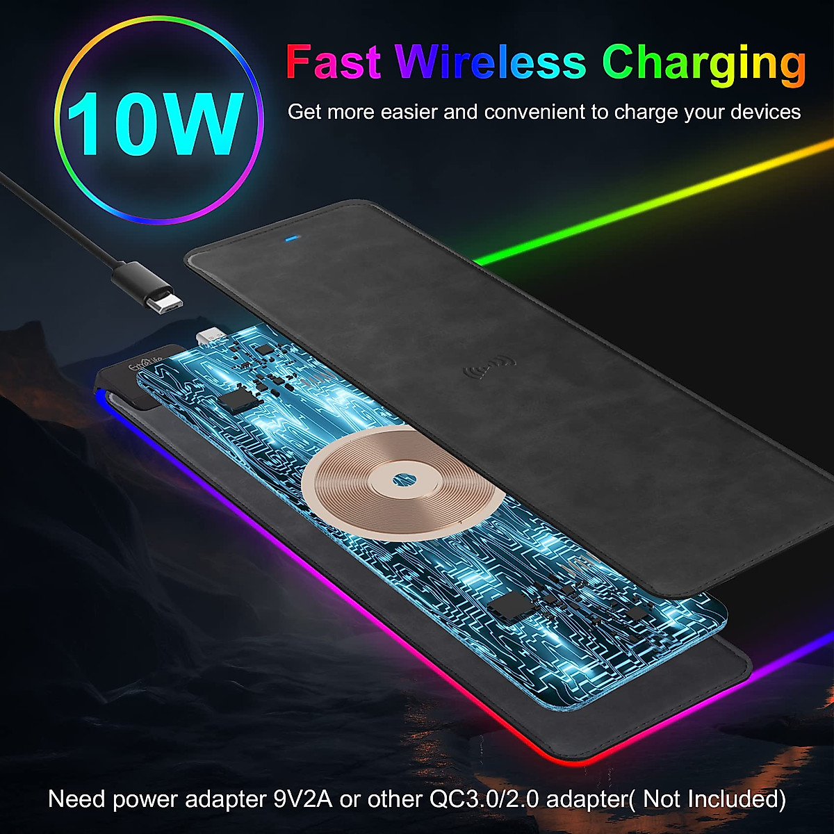 Wireless Charging RGB Gaming Mouse Pad, 31.5"x15.7" Large Desk Mat, Desk Pad with Wireless Charger, Non-Slip Rubber Base, Waterproof, Computer Keyboard Mat for Gamer, Office, Home, Black