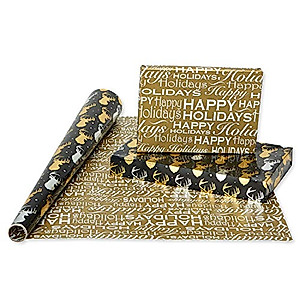 American Greetings 80 sq. ft. Reversible Christmas Wrapping Paper Bundle, Black and Gold Foil, Plaid, Trees and Reindeer (4 Rolls 30 in. x 8 ft.)