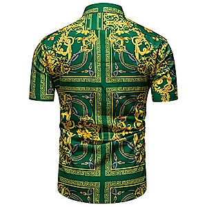 fohemr Mens Gold Chain Dress Shirts Luxury Short Sleeve Baroque Print Casual Button Down Design Buchona Shirts Green XX-Large