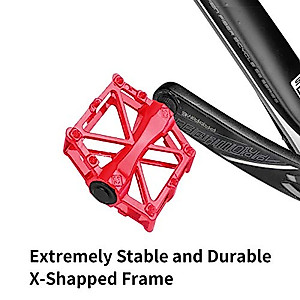 Bike Pedals Mountain Bike Pedals Aluminum CNC Bearing Bicycle Pedals, Road Bike Pedals with 16 Anti-Skid Pins Lightweight Platform Pedals for BMX/MTB Bike 9/16" Spindle Red