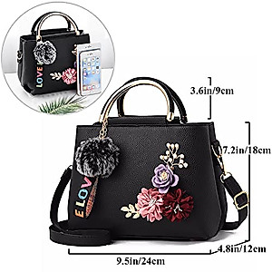 Dayfine Women Purse Top Handle Handbags PU Leather 3D Floral Inlay Satchel Bag Shoulder Crossbody Bags Ladise Medium Tote Bag with Hair Ball Pendant -Blue