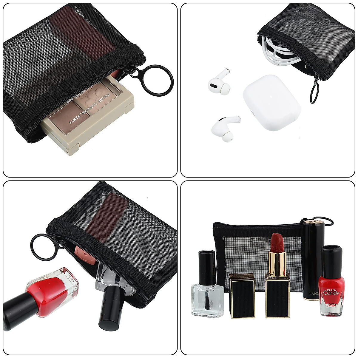 Frienda 10 Pcs Small Mesh Bags with Zipper Mini Zipper Mesh Bags Nylon Cosmetic Coin Purse Pouches Portable Reusable Storage Pouch with Keychain for Women Home Travel(3 x 4 Inch,Black)