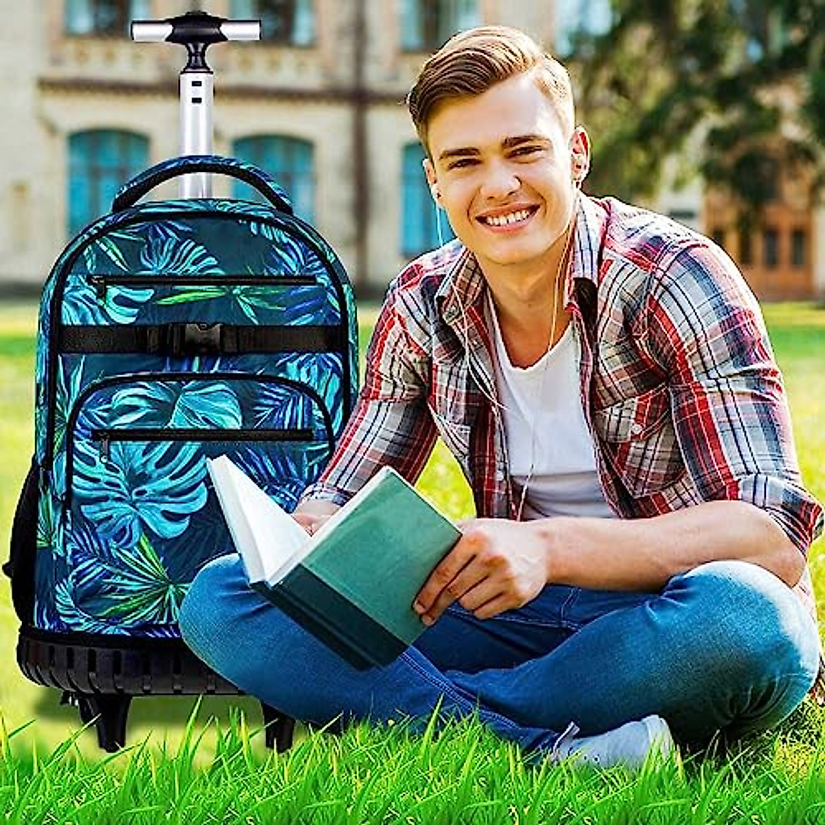 FTJCF 3pcs Rolling Backpack for Men, 21 Inche Adult Bag with Roller Wheels, Wheeled Bookbag Set for Boys - Green