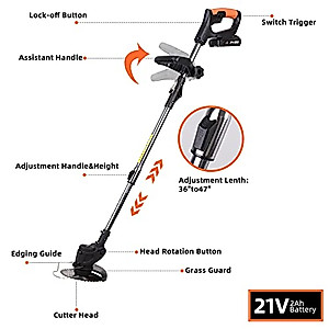 Weed Eater, 21V 2Ah 3-in-1 Li-Ion Cordless String Trimmer with 10Pcs Straw Rope,Weed Wacker Foldable for Home Garden Yard Mowing (black)
