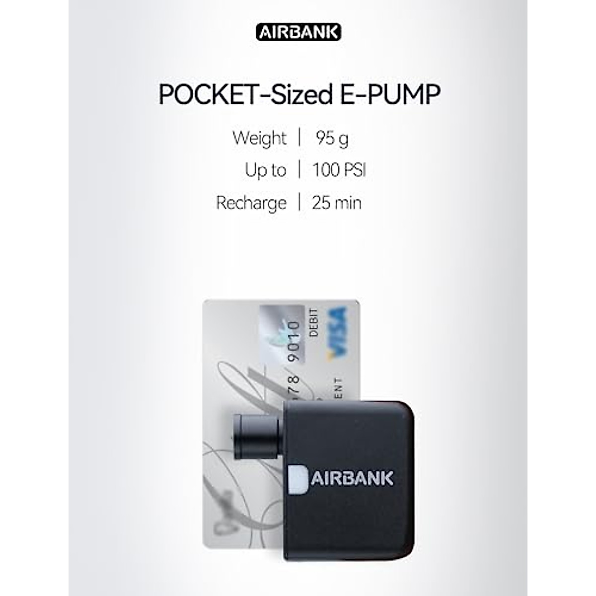 AIRBANK Electric Bike Pump Pocket, 100PSI Mini Cordless Bicycle Pump with Rechargeable Battery for Shrader & Presta Valves