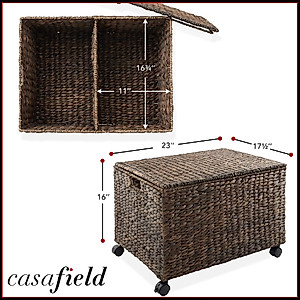 Casafield Rolling Storage Basket Cart with Lid and Locking Wheels, Espresso - Handwoven Water Hyacinth Divided Recycling Sorting Bin for Kitchen, Laundry Room, Garage