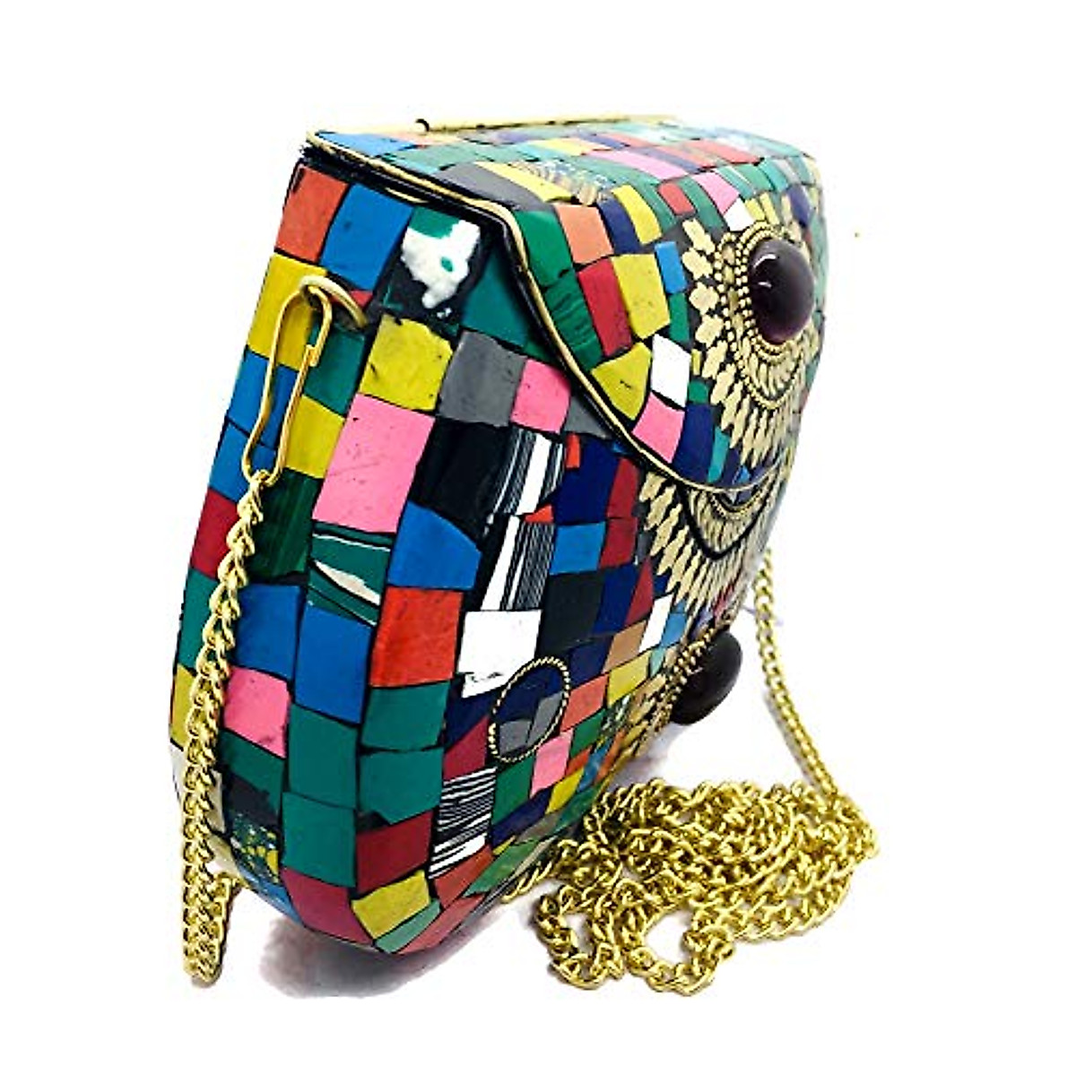 Antique Indian art Handmade Multi color Stone mosaic metal bag Women/Girls Bridal metal clutch party sling bag