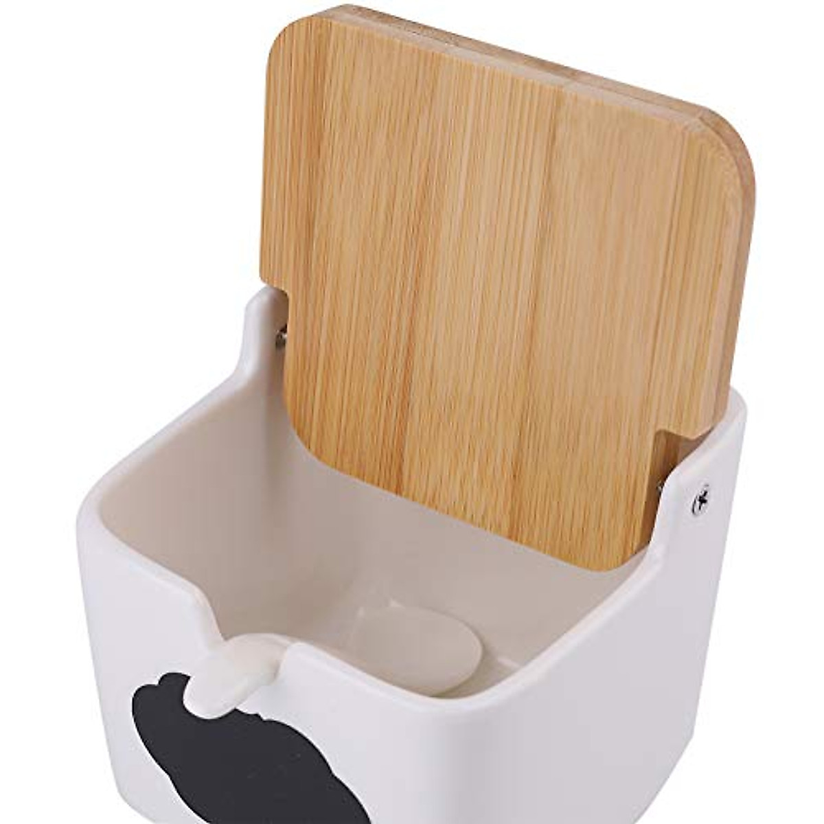 Lawei 3 Pack Ceramic Spice Jar with Lid and Spoon, Square Porcelain Condiment Jar Salt and Pepper Containers with Wooden Tray, White Pottery Cruet Pot for Sugar Bowls, Serving Tea, Coffee, Spice, Home