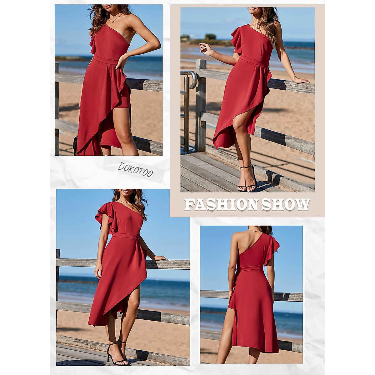 Dokotoo One Shoulder Dresses for Women Elegant Ruffle Empire Waist Asymmetrical Hi-Lo Hem Solid Zipper Up Bodycon Party Wedding Guest Midi Semi Formal Dresses Red X-Large