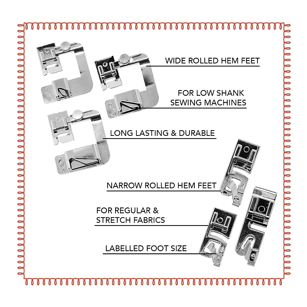 Rolled Hem Presser Foot [6 Sizes] Wide Rolled Hem Foot Set & Narrow Foot Hemmer Set For Brother, Singer & Janome Low Shank Sewing Machines. Hemming Pressure Feet With Distinctive Wide and Narrow Sizes