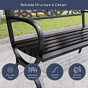 BELLEZE Patio Outdoor Garden Bench, 50 inch Cast Iron Metal Loveseat Chairs with Armrests for Park, Yard, Porch, Lawn, Balcony, Backyard, Antique Seat Furniture, Black