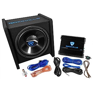 Rockville RV12.1C 600w 12" Loaded Car Subwoofer Enclosure+Mono Amplifier+Amp Kit,Black